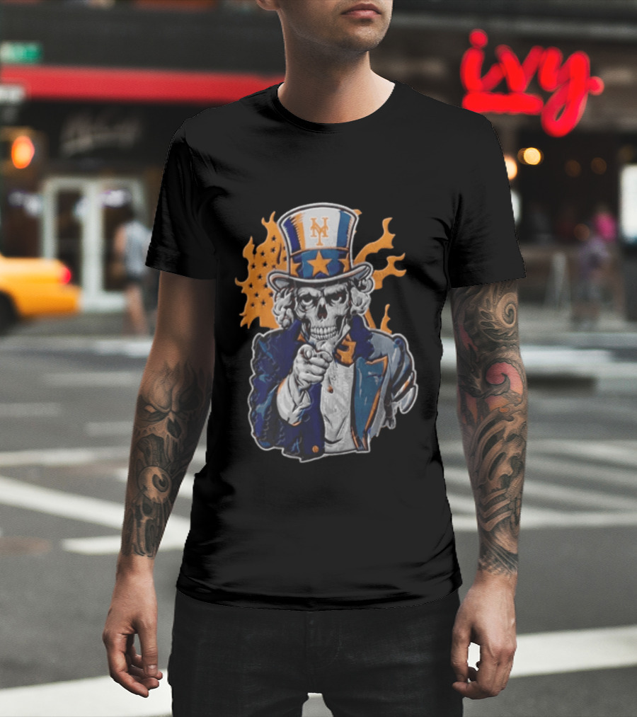New York Mets Uncle Sam Skeleton Top Hat Stars Flames T-Shirt