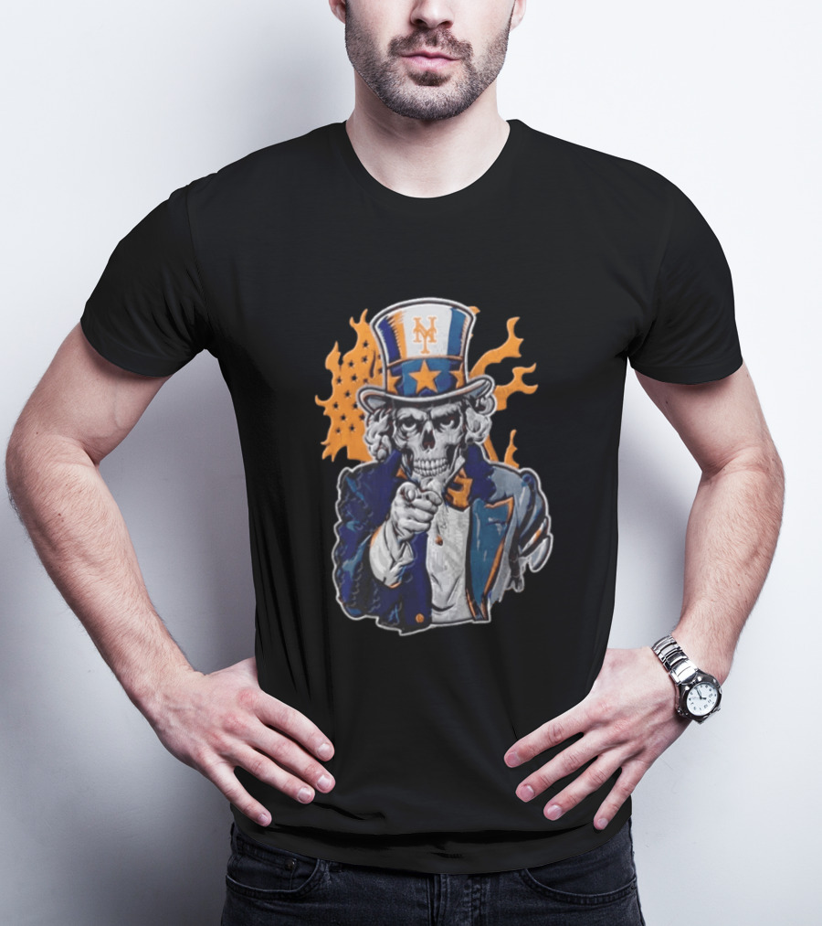 New York Mets Uncle Sam Skeleton Top Hat Stars Flames T-Shirt