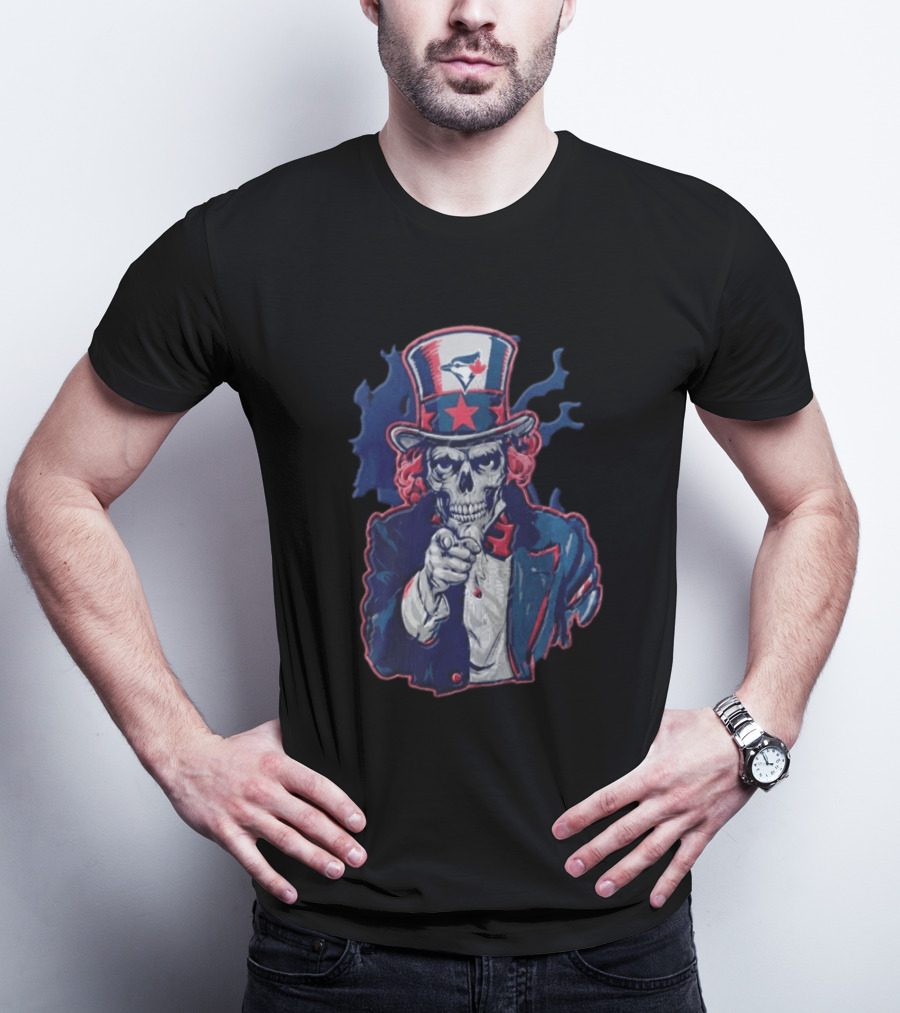 Toronto Blue Jays Skeleton Uncle Sam Pointing American Flag Bird Head Maple Leaf T-Shirt