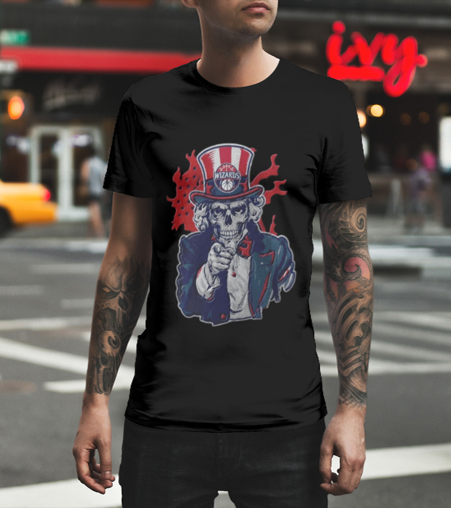 Washington Wizards Skeleton Uncle Sam Pointing Flames American Flag T-Shirt