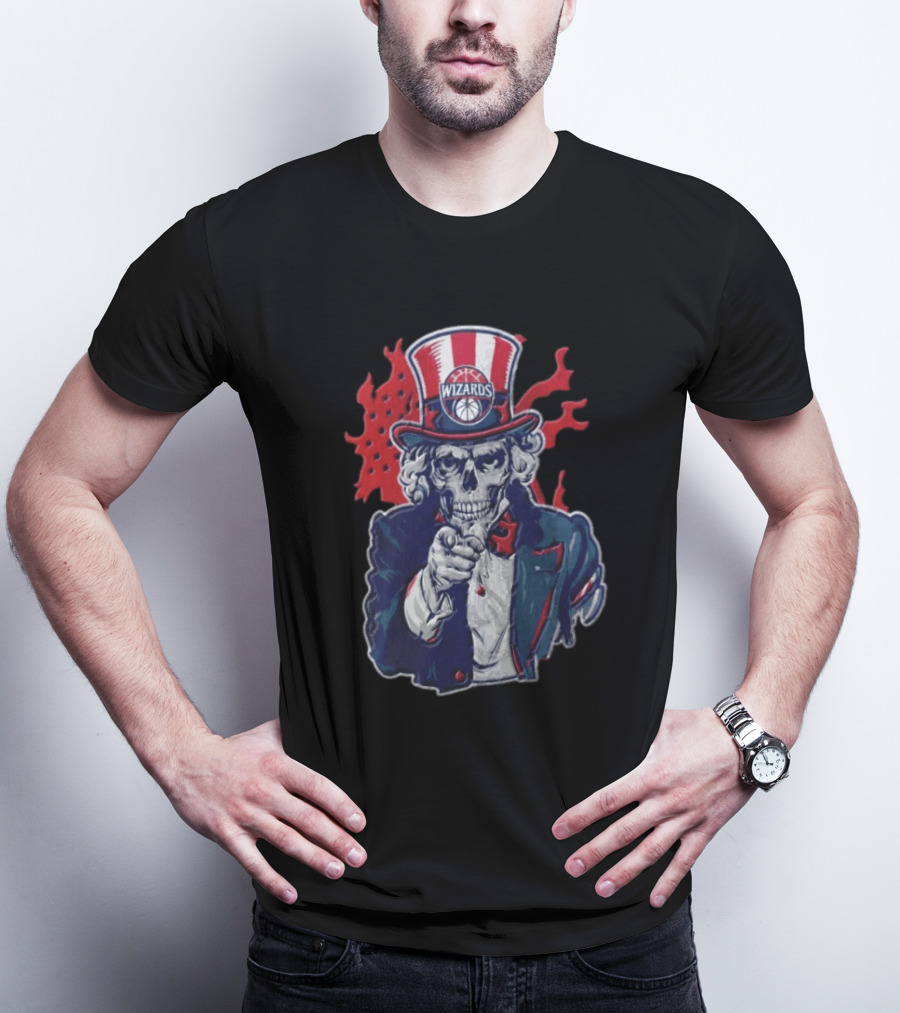 Washington Wizards Skeleton Uncle Sam Pointing Flames American Flag T-Shirt