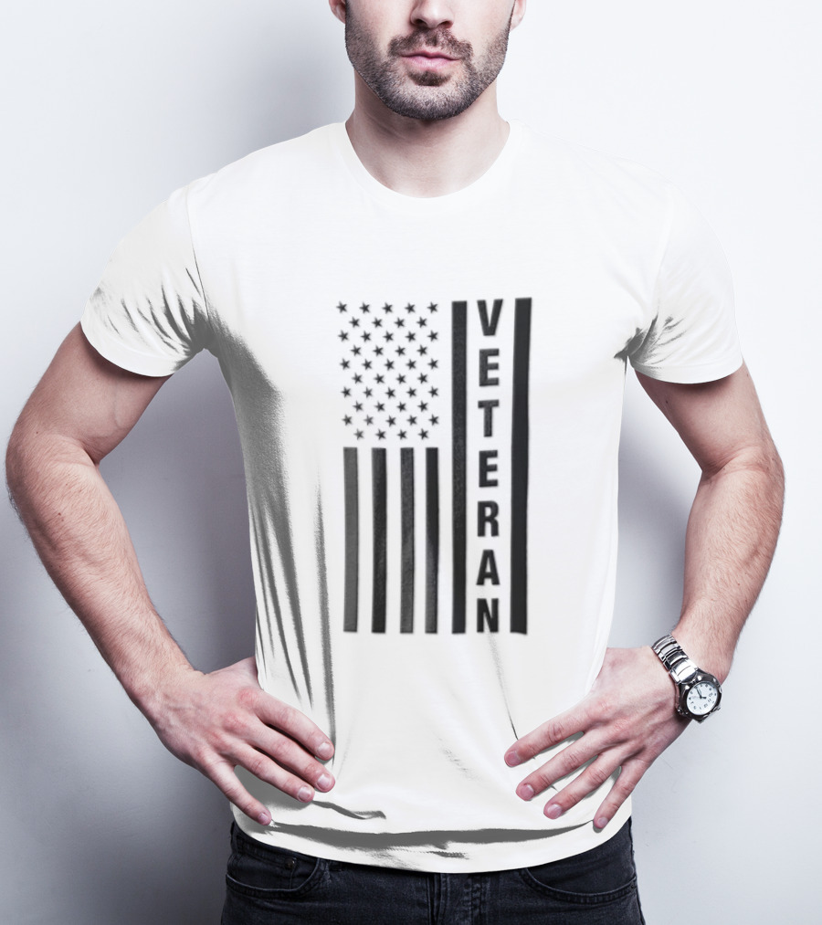 Veteran Vertical Monochrome US Flag Black Stars Stripes T-Shirt