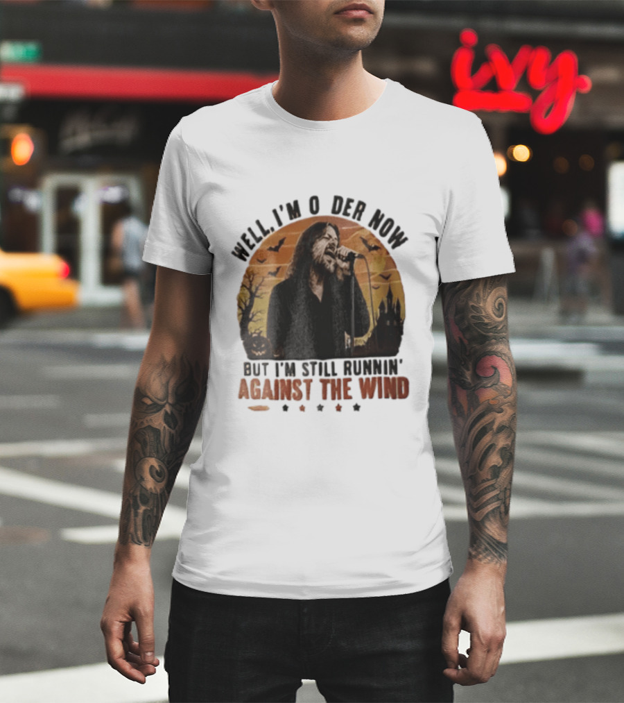 Well I'm Older Now But I'm Still Runnin' Against The Wind Bearded Singer Halloween Sunset Castle T-Shirt
