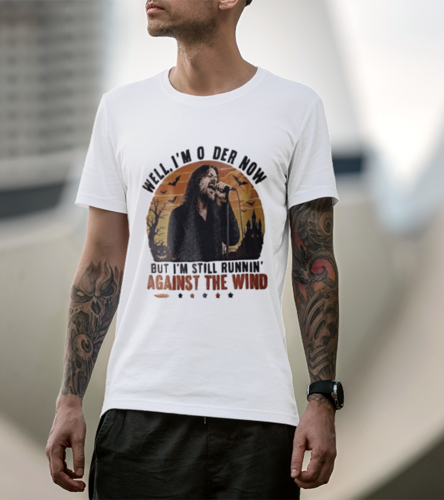 Well I'm Older Now But I'm Still Runnin' Against The Wind Bearded Singer Halloween Sunset Castle T-Shirt
