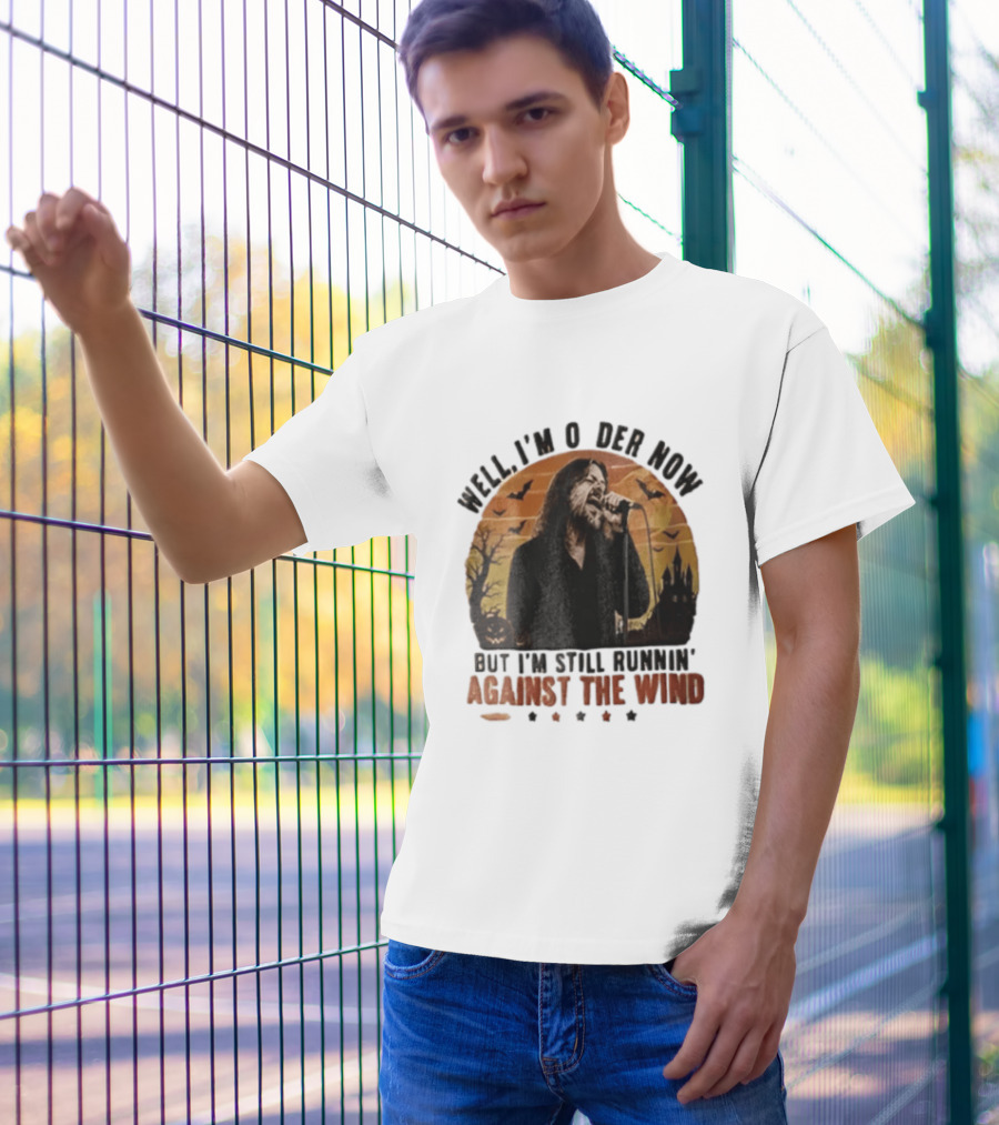 Well I'm Older Now But I'm Still Runnin' Against The Wind Bearded Singer Halloween Sunset Castle T-Shirt