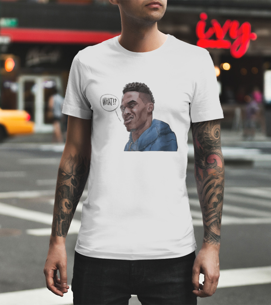 Russell Westbrook Cartoon Caricature Confused Face What Speech Bubble Blue T-Shirt