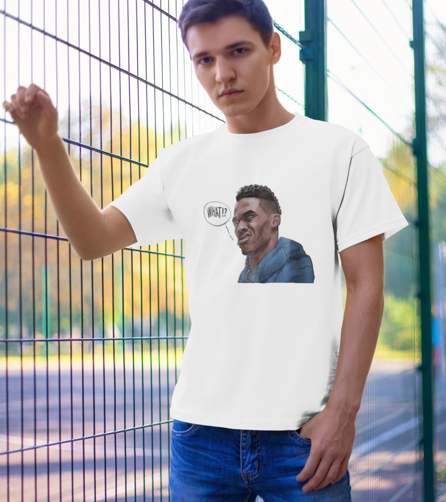 Russell Westbrook Cartoon Caricature Confused Face What Speech Bubble Blue T-Shirt