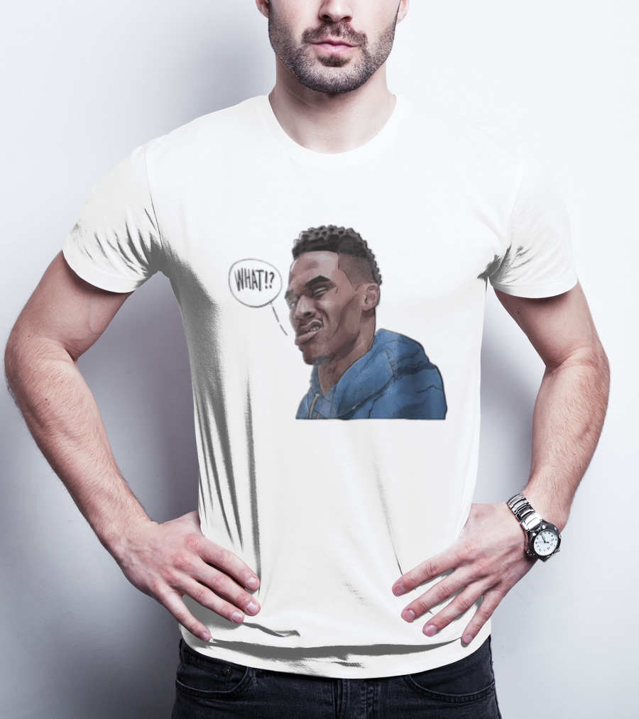 Russell Westbrook Cartoon Caricature Confused Face What Speech Bubble Blue T-Shirt