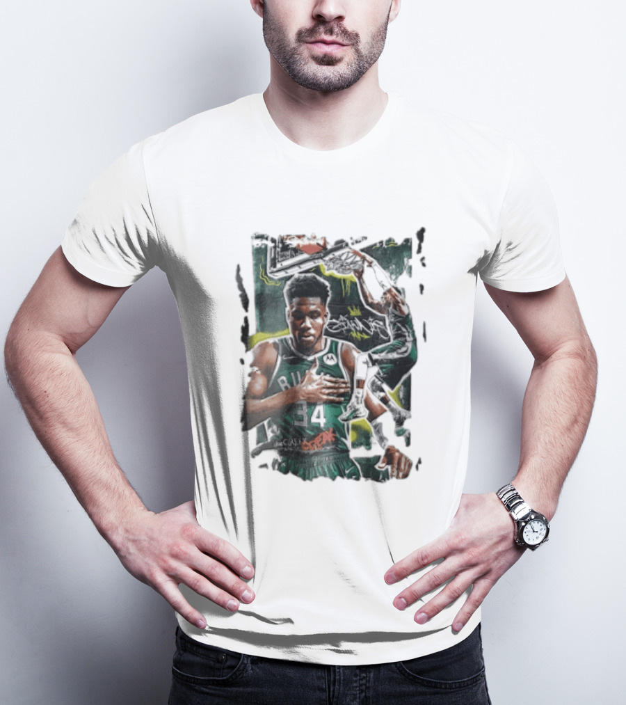 Milwaukee Bucks Giannis Dunking Greek Freak Paint Splatter Collage T-Shirt