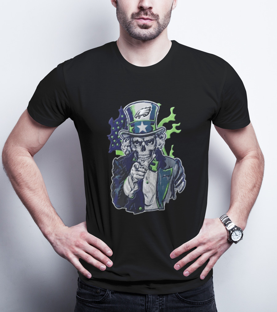 Philadelphia Eagles Uncle Sam Skull With Flag And Stars T-Shirt