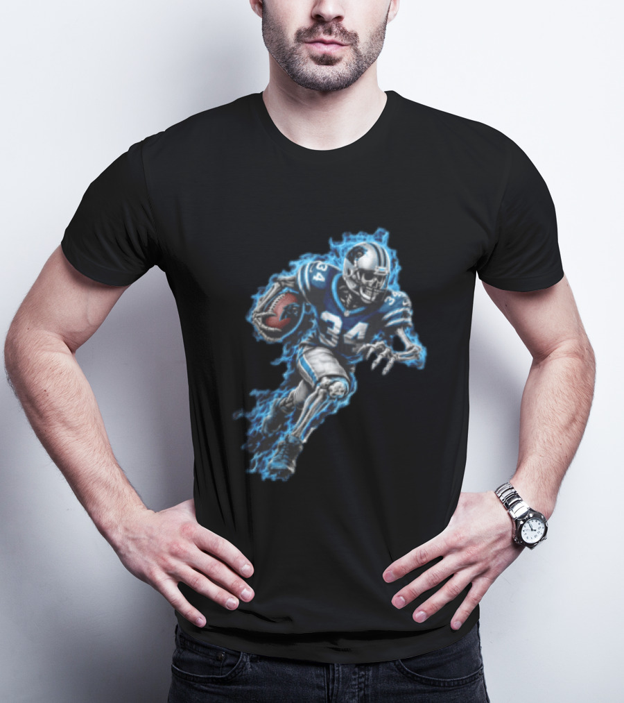 Carolina Panthers Skeleton Running Back 34 Blue Flames Football T-Shirt
