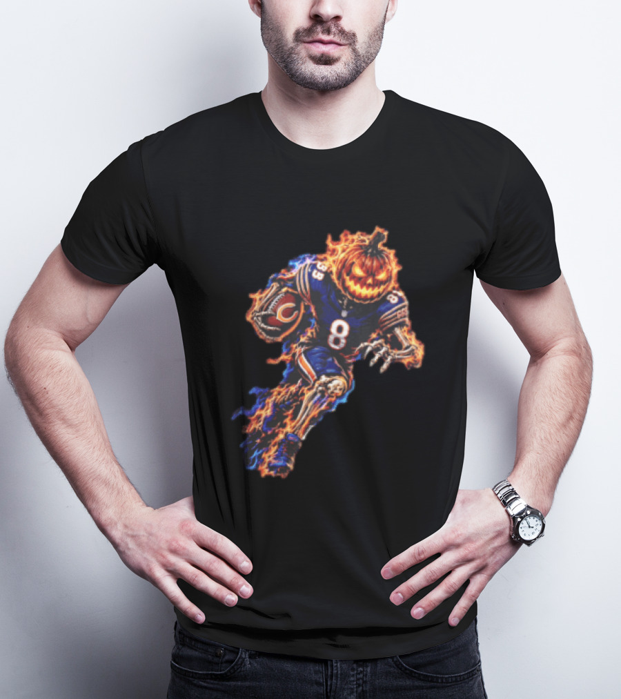 Chicago Bears Flaming Pumpkin Skeleton Football Running Halloween Scary Sports Fan T-Shirt