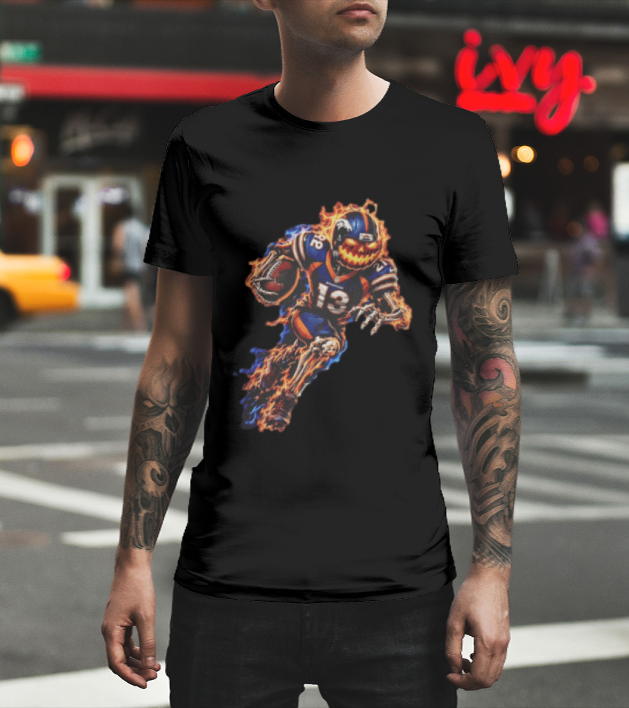Denver Broncos Fiery Pumpkin Head Skeleton Football Player T-Shirt