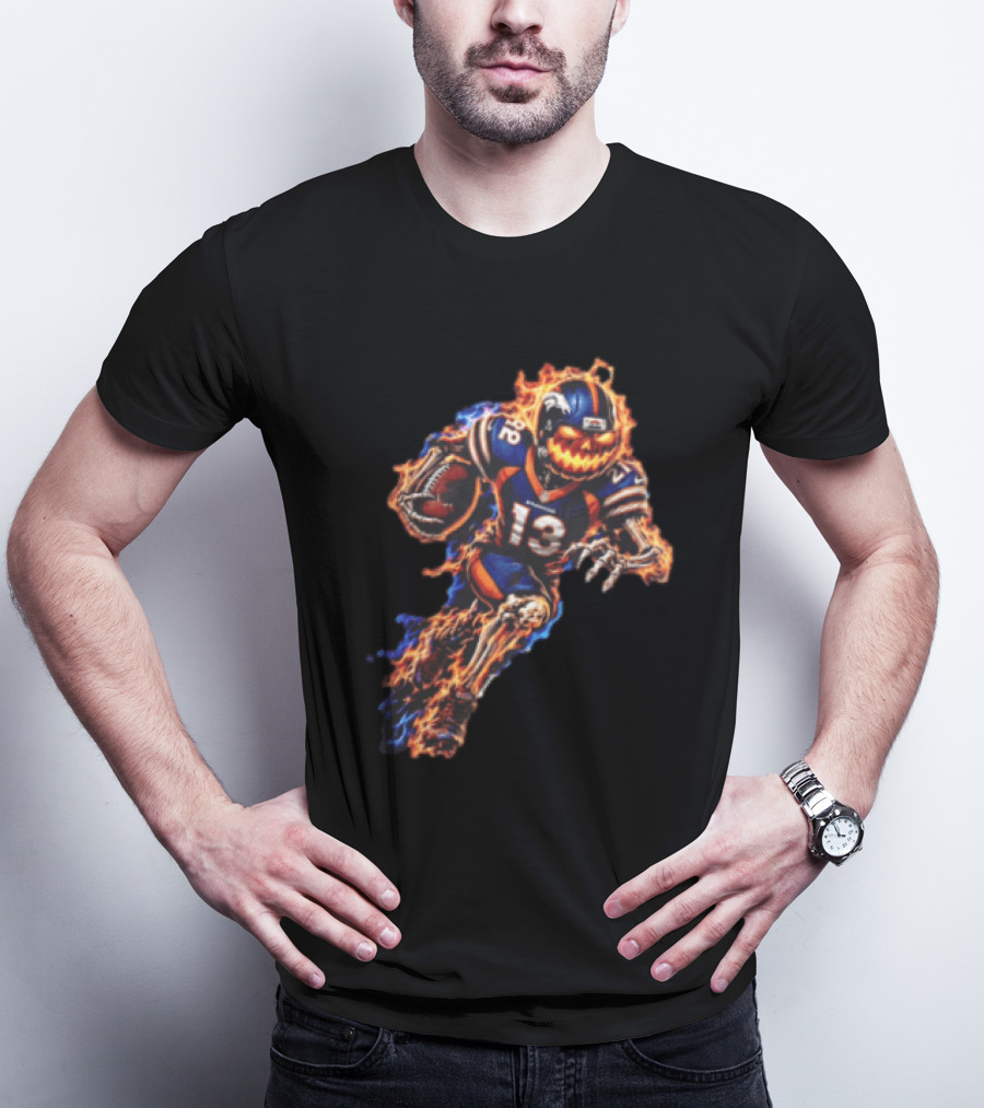 Denver Broncos Fiery Pumpkin Head Skeleton Football Player T-Shirt