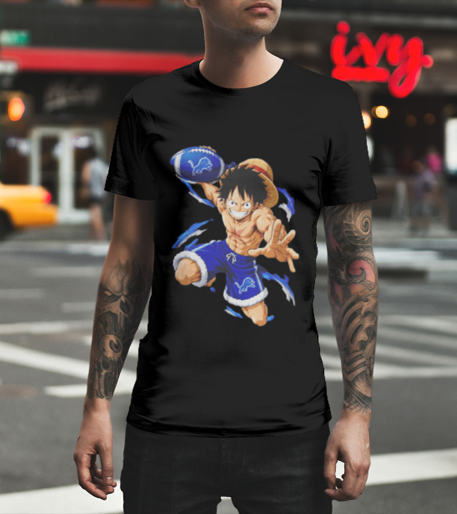 Detroit Lions Luffy Anime Football Action Pose T-Shirt