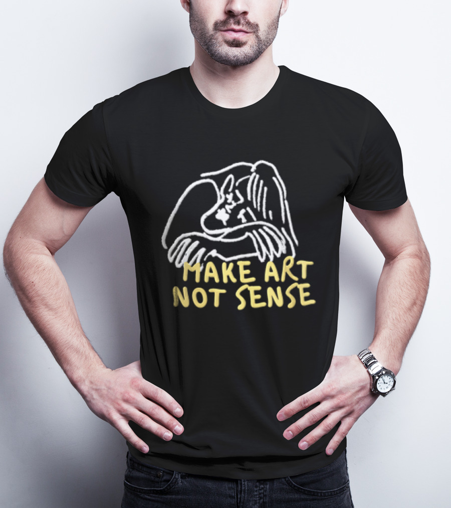 Make Art Not Sense White Line Figure Hugging Knees T-Shirt