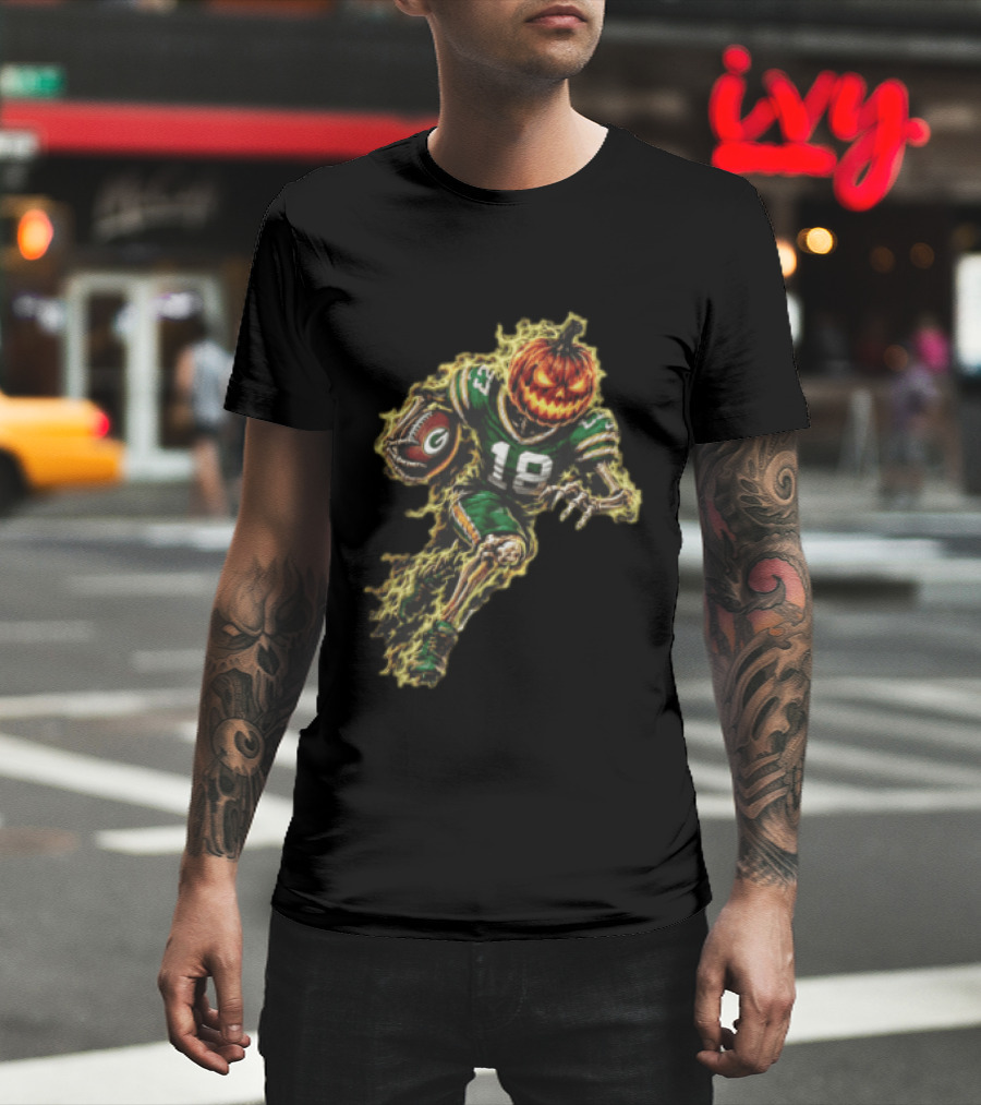 Green Bay Packers Halloween Pumpkin Head Skeleton Football Player Running T-Shirt