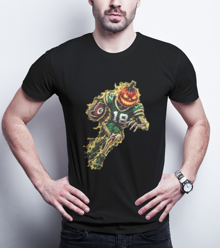 Green Bay Packers Halloween Pumpkin Head Skeleton Football Player Running T-Shirt