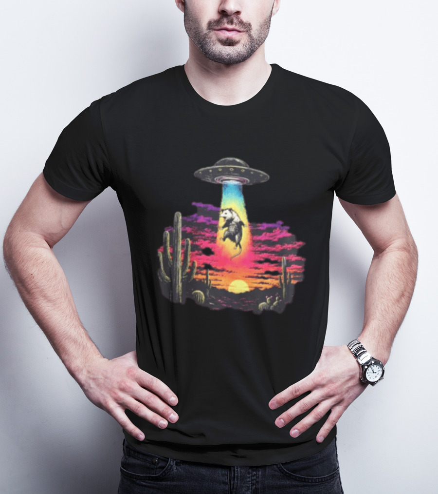UFO Opossum Abduction In Desert Sunset Scene With Cacti And Colorful Sky T-Shirt