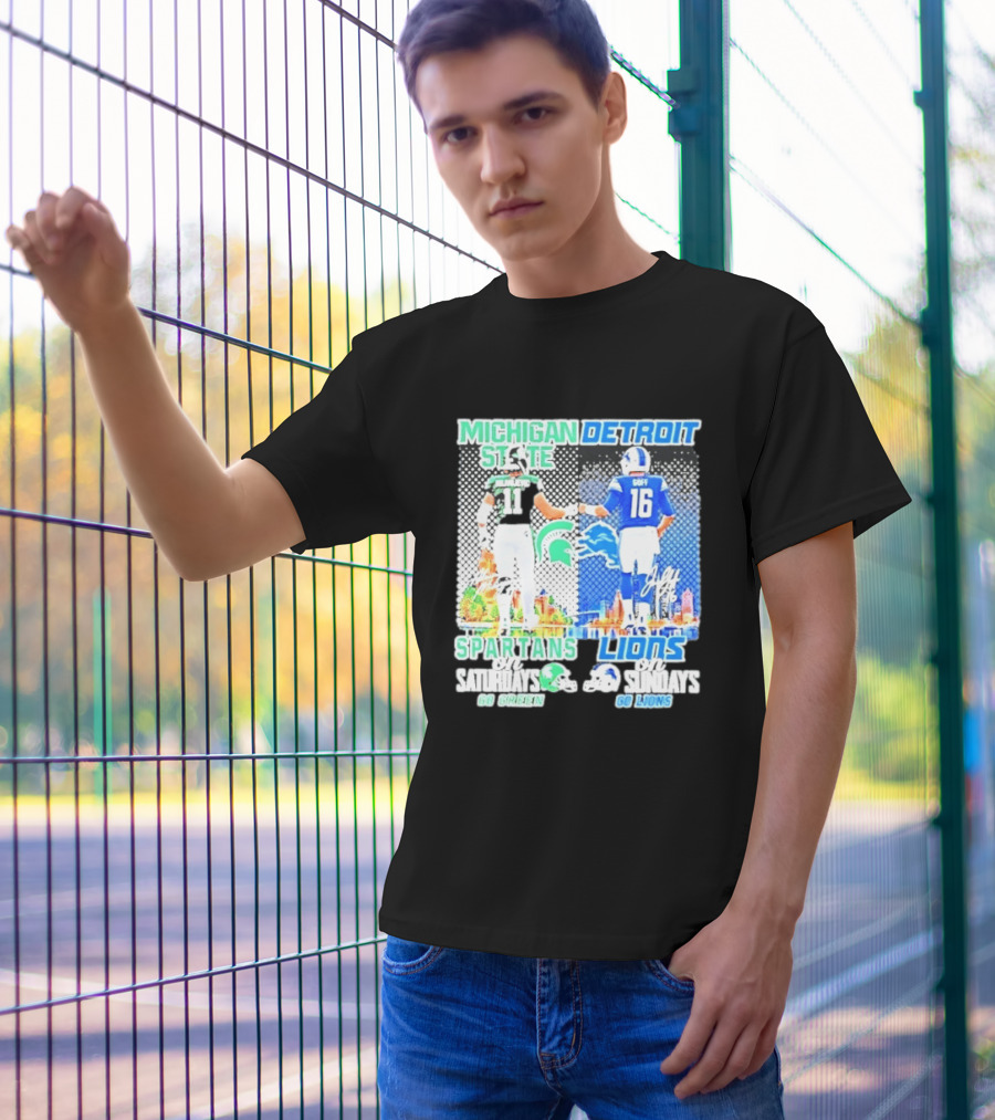 Michigan State Spartans Saturdays Go Green Detroit Lions Sundays Go Lions T-Shirt