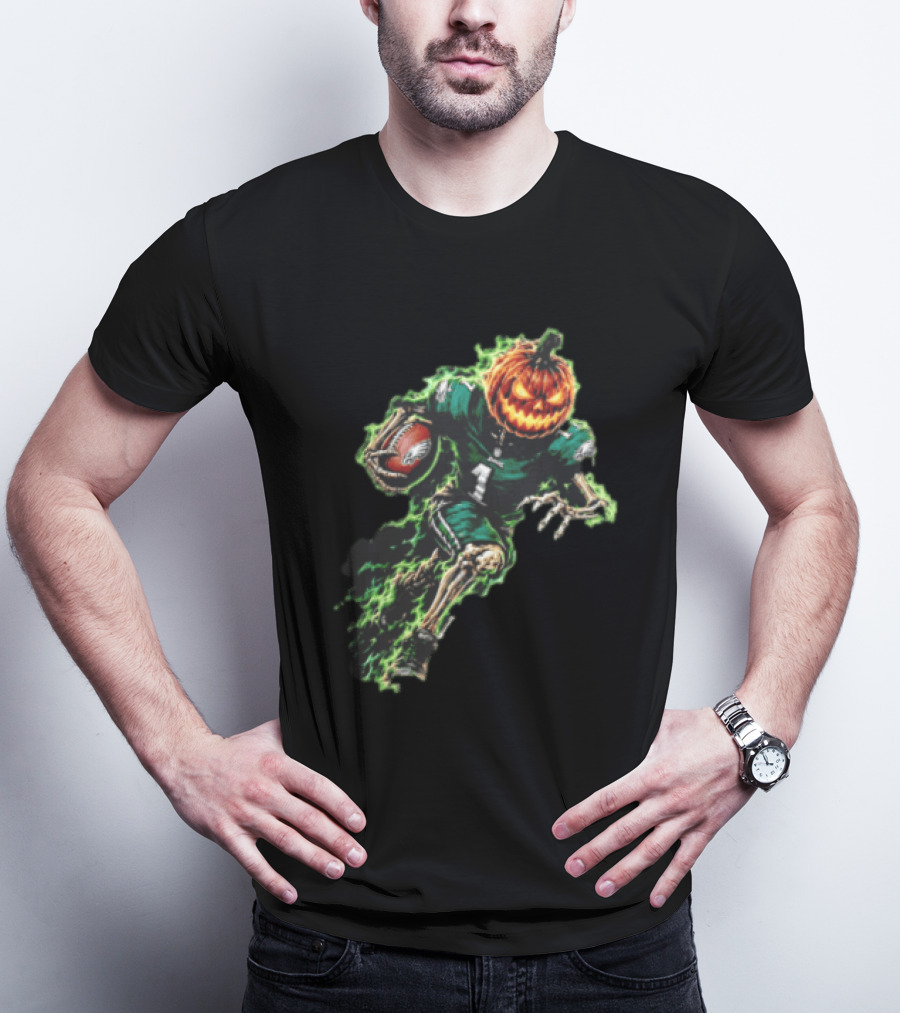 Philadelphia Eagles Pumpkin Head Skeleton Player Green Flames Football T-Shirt