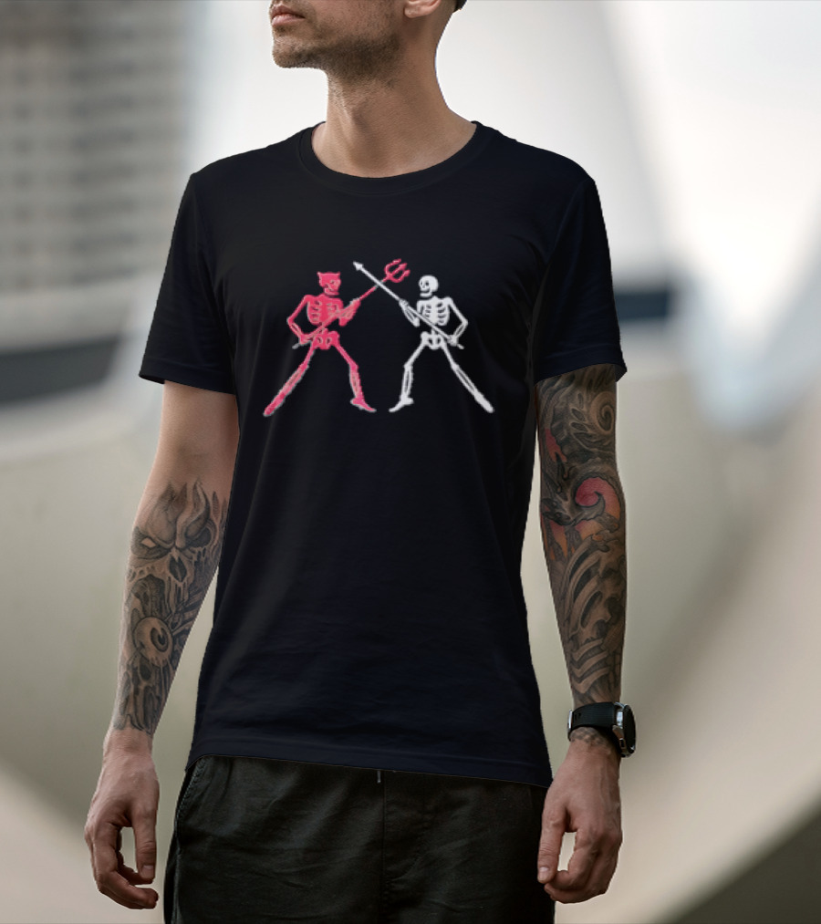 Red Horned Devil And White Skeleton Dueling With Spear And Trident Line T-Shirt
