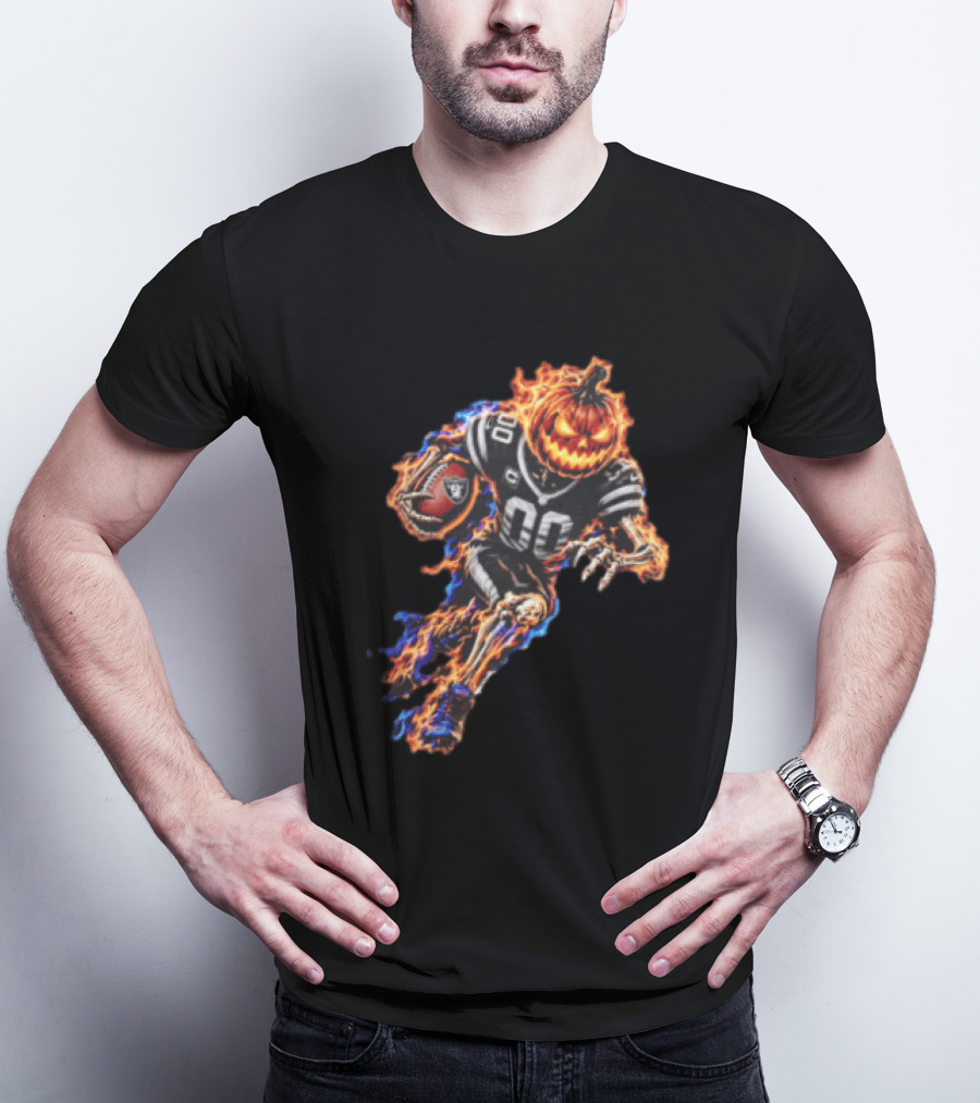 Las Vegas Raiders Flaming Pumpkin Skeleton Football Player Halloween T-Shirt