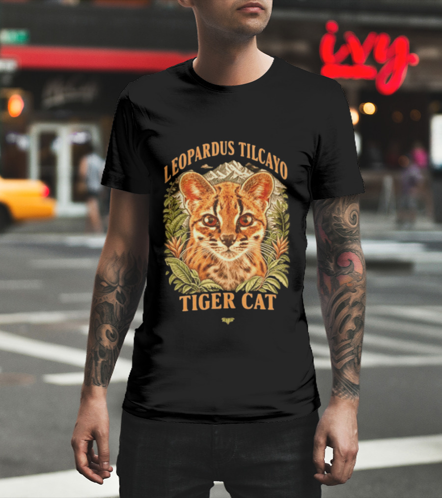 Leopardus Tilcayo Tiger Cat Wildlife Art With Foliage And Mountain T-Shirt
