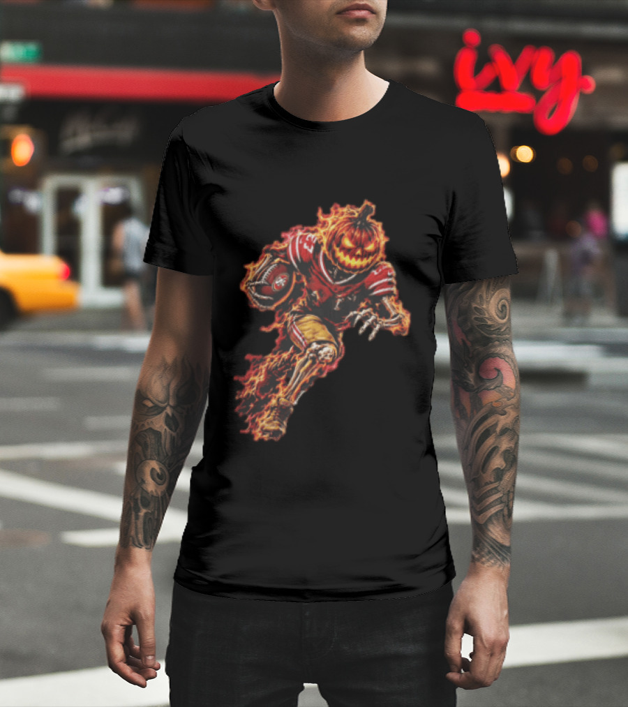 San Francisco 49ers Halloween Fiery Pumpkin Head Skeleton Football Player T-Shirt
