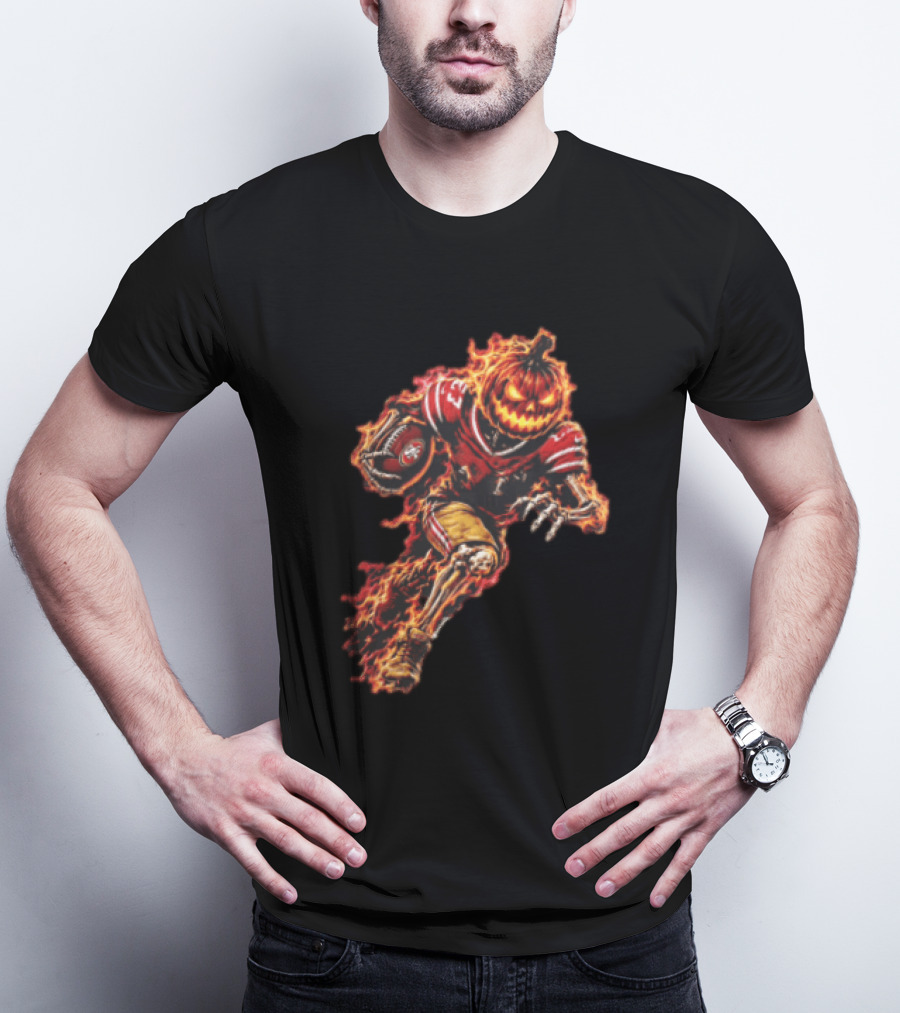 San Francisco 49ers Halloween Fiery Pumpkin Head Skeleton Football Player T-Shirt