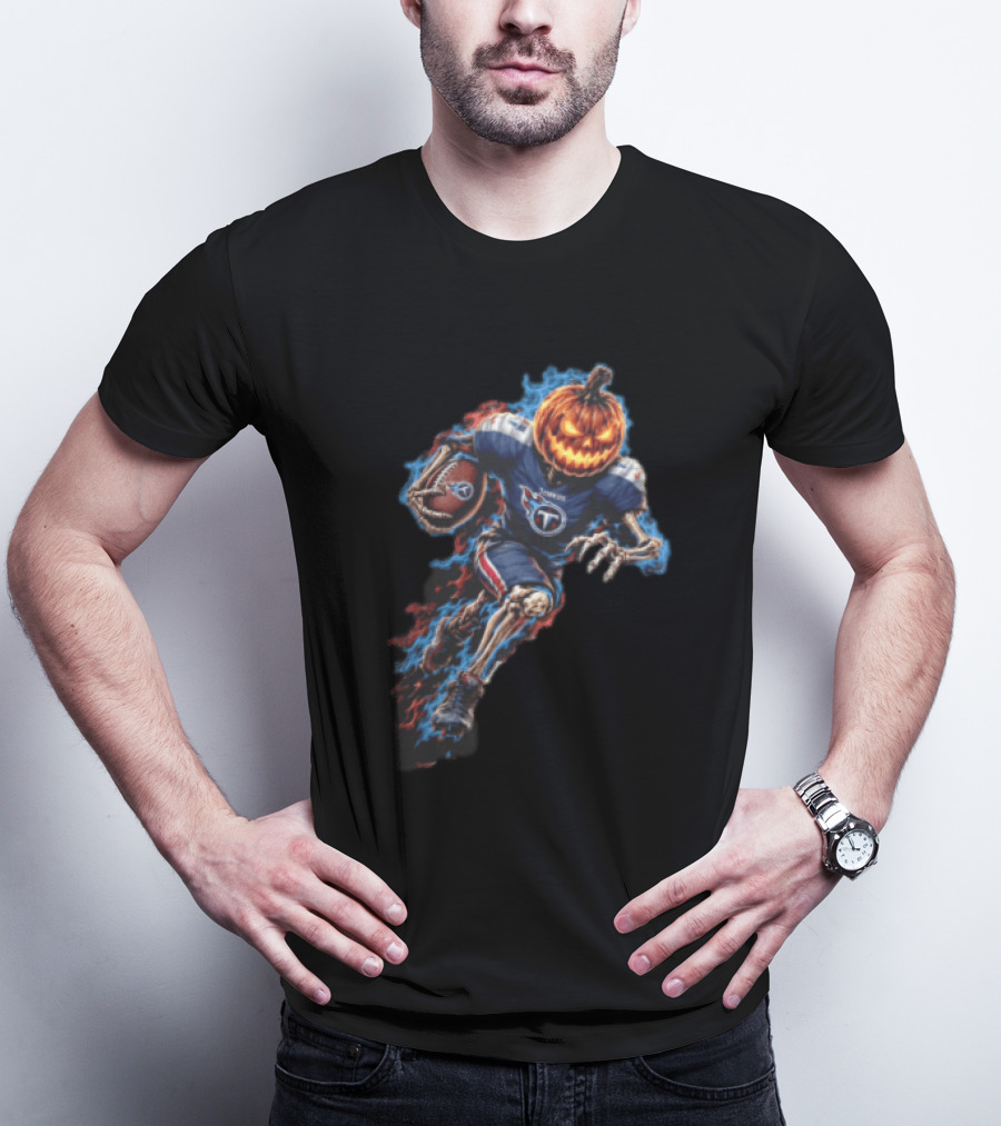 Tennessee Titans Pumpkin Head Skeleton Football Player Blue Flames Halloween NFL T-Shirt
