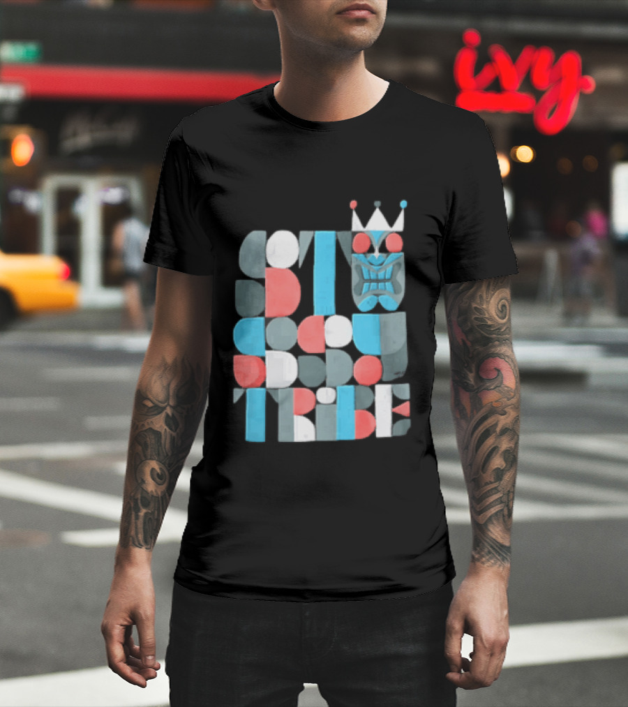 Tribe Crowned Tiki Mask Geometric Color Block T-Shirt