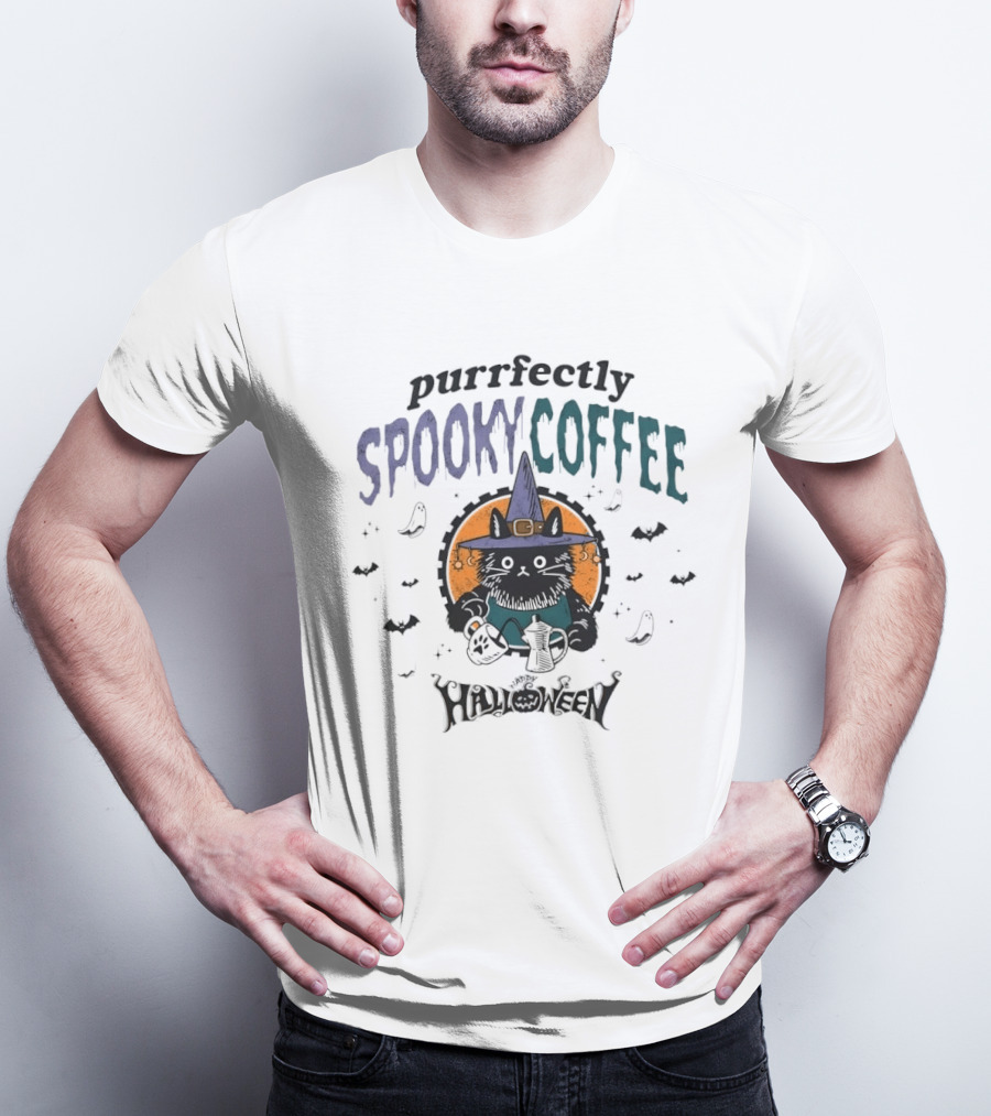 Purrfectly Spooky Coffee Witch Cat Halloween T-Shirt