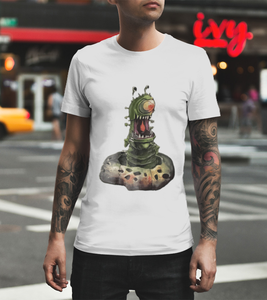 Cartoon Monstrous One Eyed Green Creature Emerging From Ground Hole T-Shirt