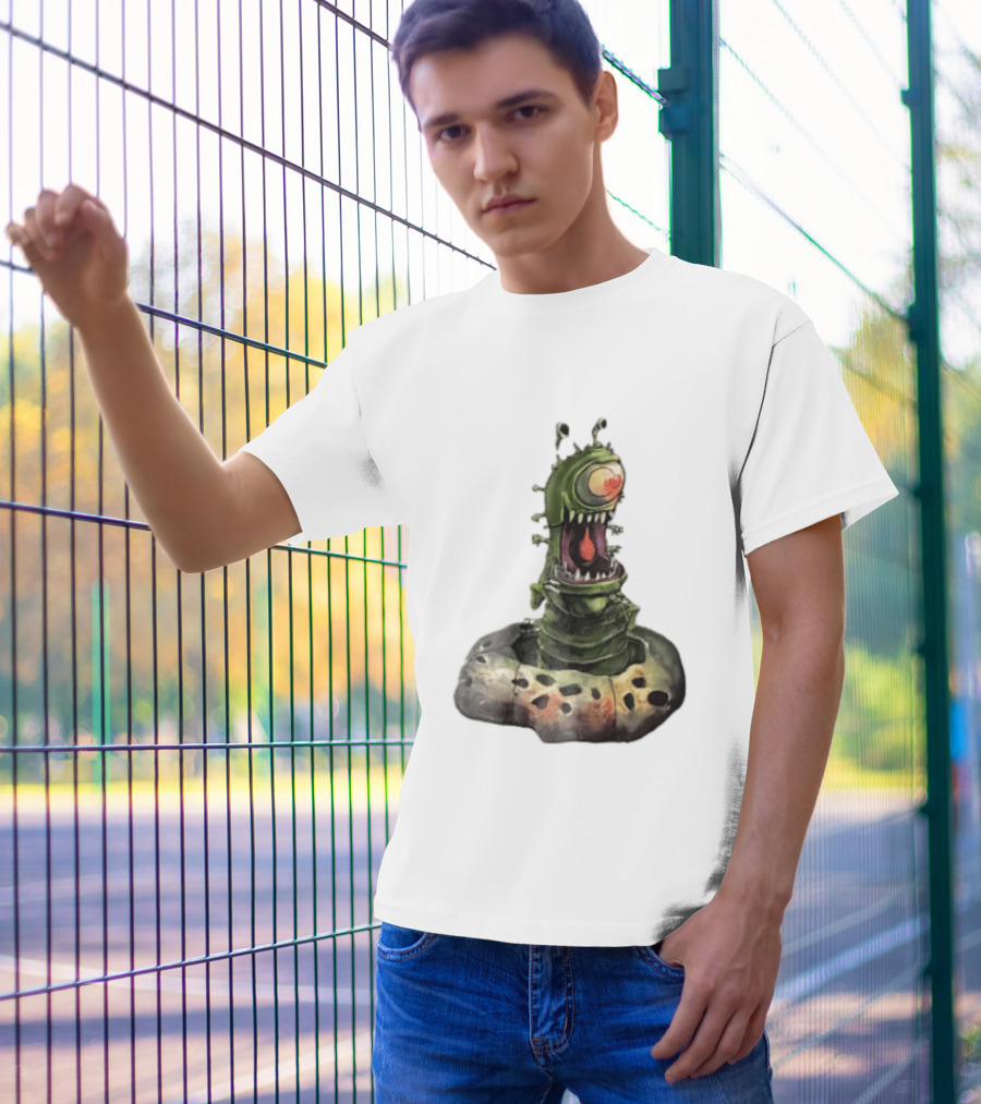Cartoon Monstrous One Eyed Green Creature Emerging From Ground Hole T-Shirt