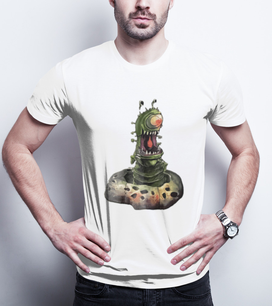 Cartoon Monstrous One Eyed Green Creature Emerging From Ground Hole T-Shirt