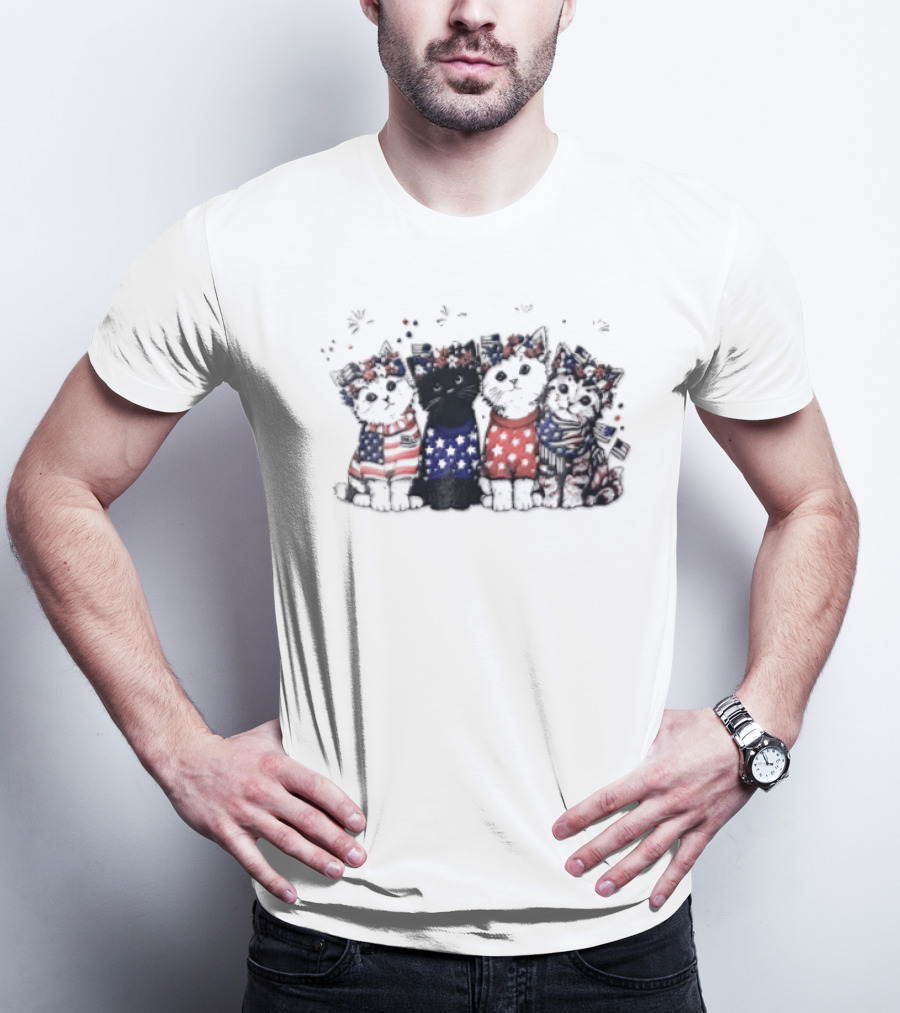 Four Patriotic Watercolor Kittens Fireworks Celebration Red White Blue T-Shirt