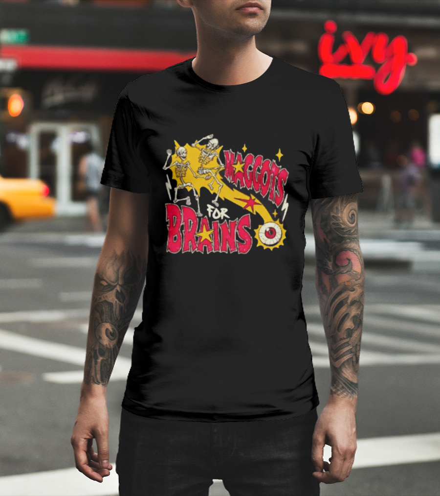 Skeleton Dance Maggots For Brains Halloween Eyeball Stars T-Shirt