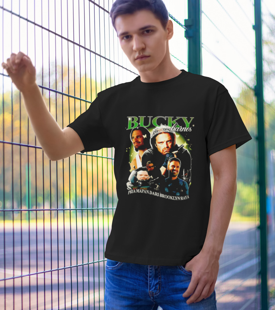 Bucky Barnes Sebastian Stan Pria Mapan Dari Brooklyn Raya Multiple Photos Crown Marvel T-Shirt