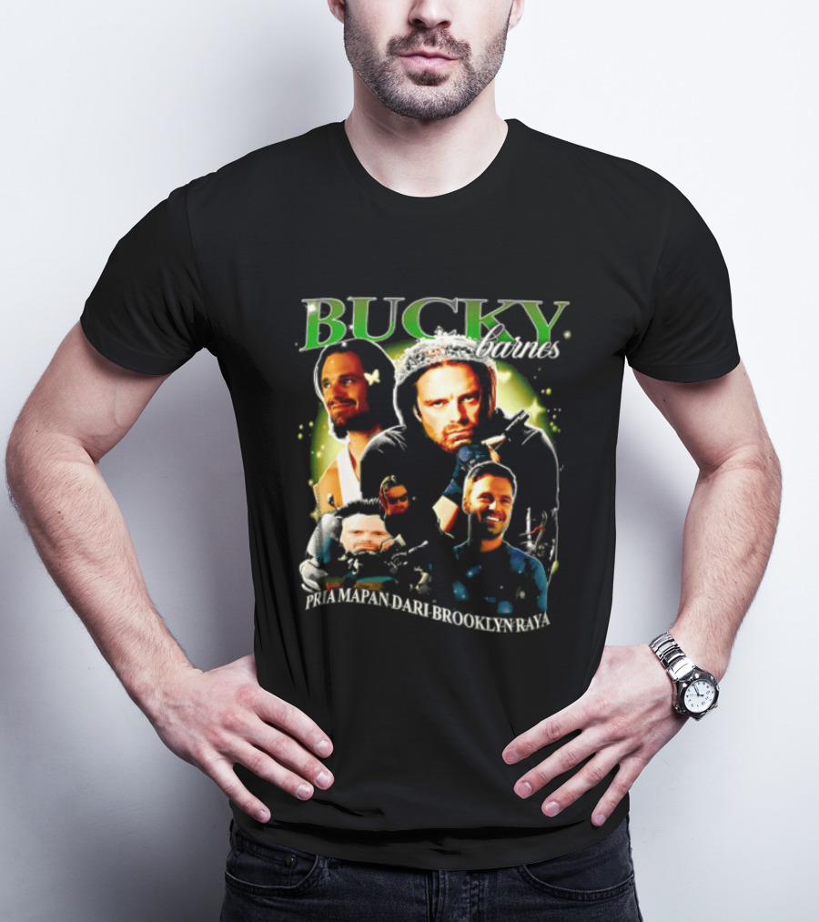 Bucky Barnes Sebastian Stan Pria Mapan Dari Brooklyn Raya Multiple Photos Crown Marvel T-Shirt