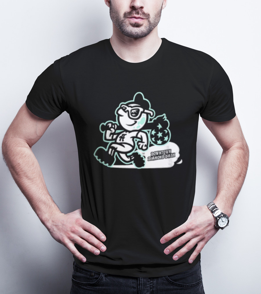 Downtown Diamond Dash Baseball Cartoon Character Running Carrying Star Bag T-Shirt