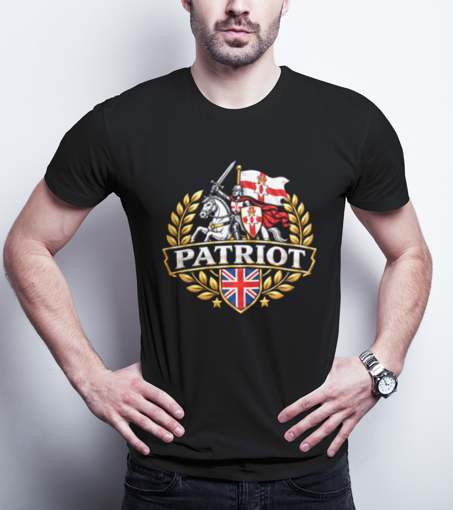 Patriot Knight Riding With Northern Ireland Flag And Union Jack Crest T-Shirt