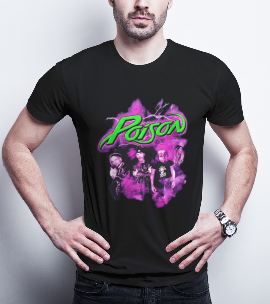 Poison Band Members Graphic With Neon Green Logo And Purple Aura T-Shirt