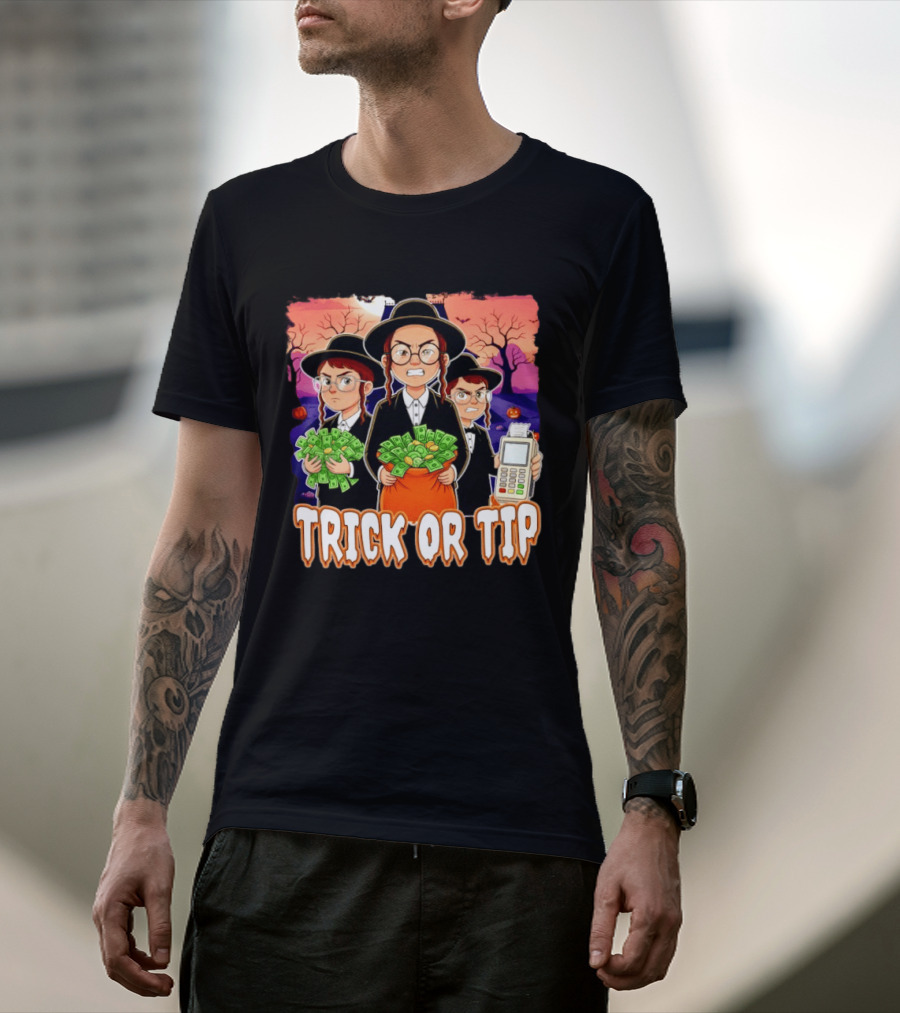 Trick Or Tip Halloween Money Bag Cartoon Characters Holding Cash And Payment Terminal T-Shirt