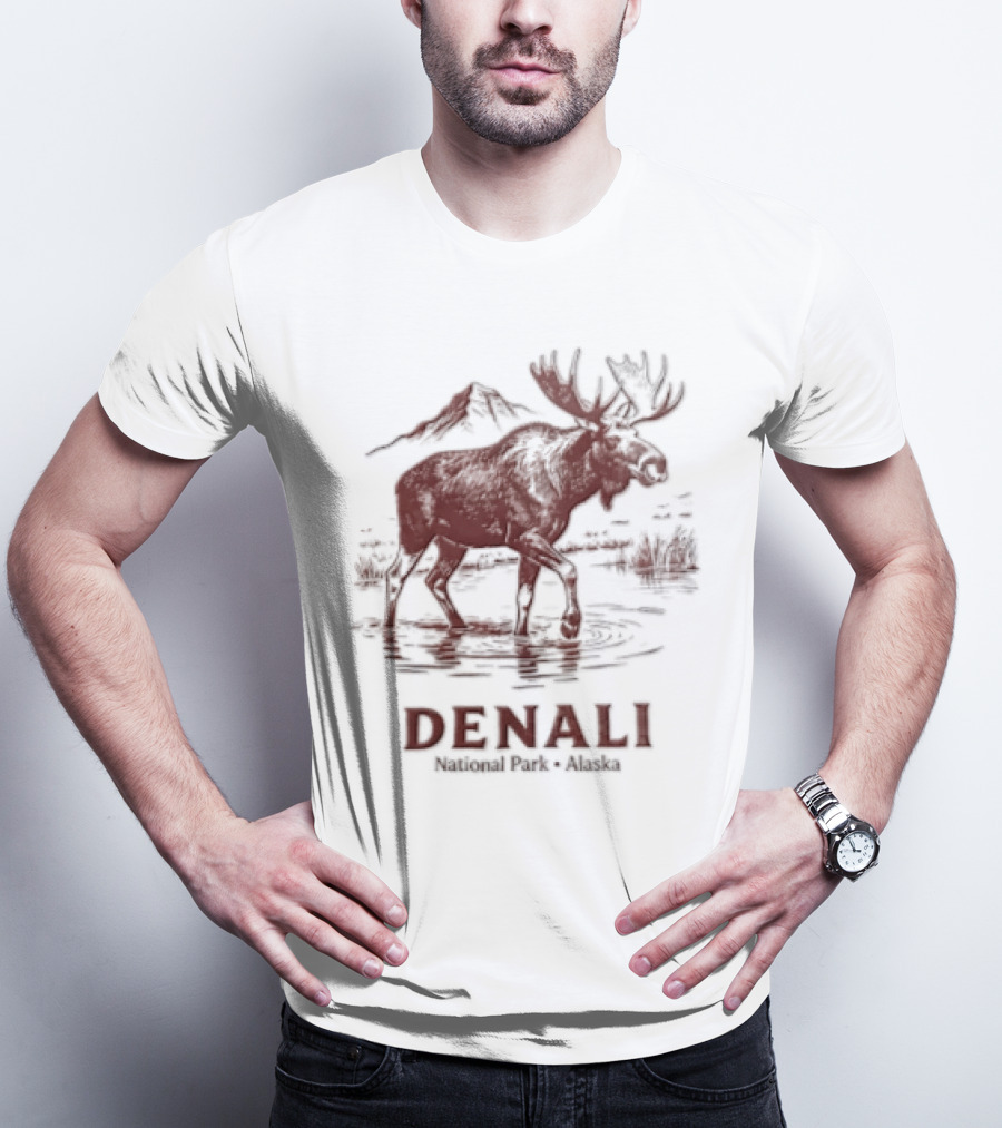 Denali Moose Walking In Water Near Mountain Scenery T-Shirt