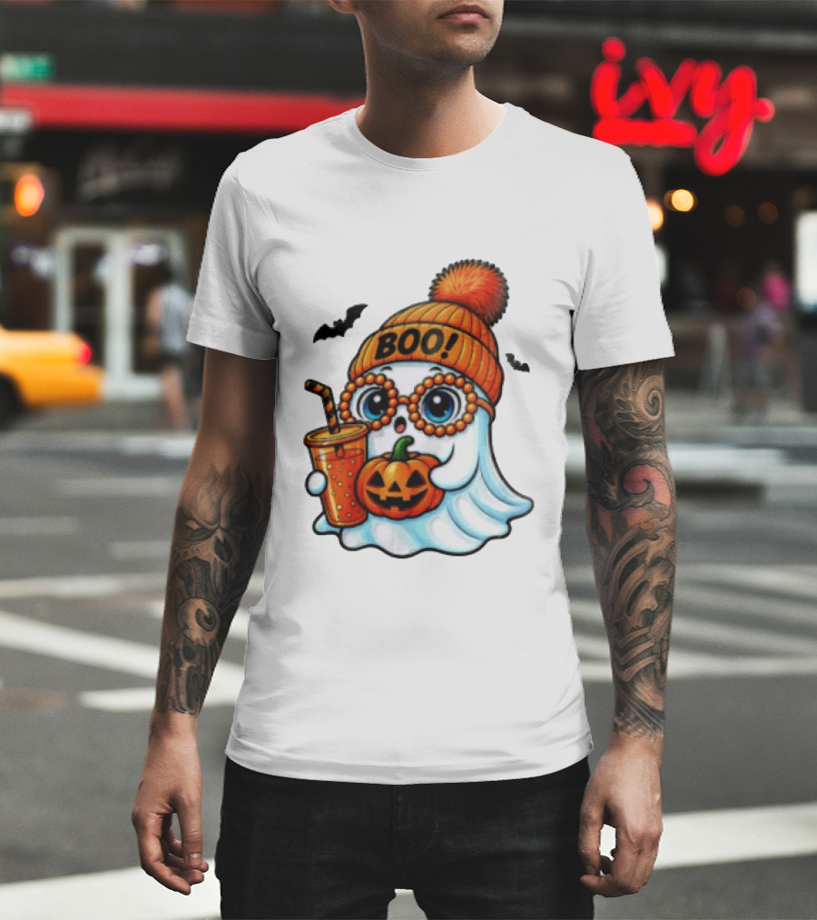 BOO Halloween Ghost With Pumpkin And Drink Spooky Fall Vibes T-Shirt