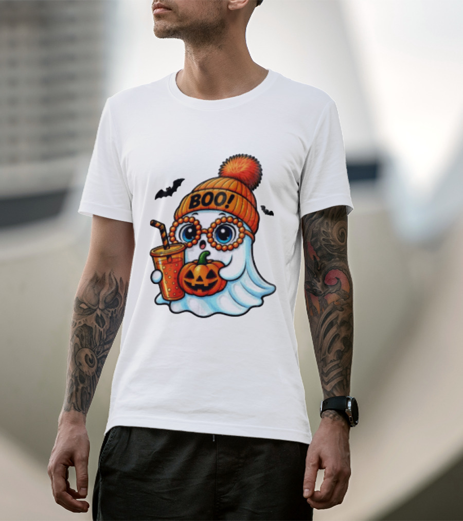 BOO Halloween Ghost With Pumpkin And Drink Spooky Fall Vibes T-Shirt