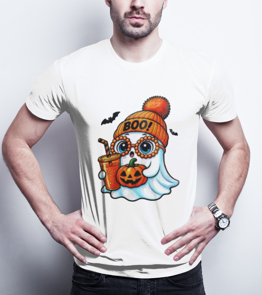 BOO Halloween Ghost With Pumpkin And Drink Spooky Fall Vibes T-Shirt