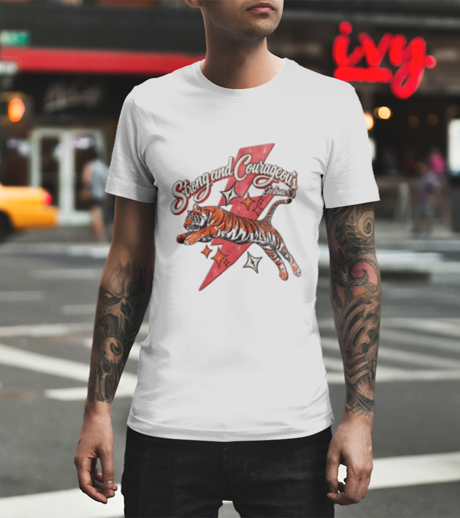 Strong And Courageous Joshua 1 9 Leaping Tiger Pink Lightning Bolt Stars T-Shirt