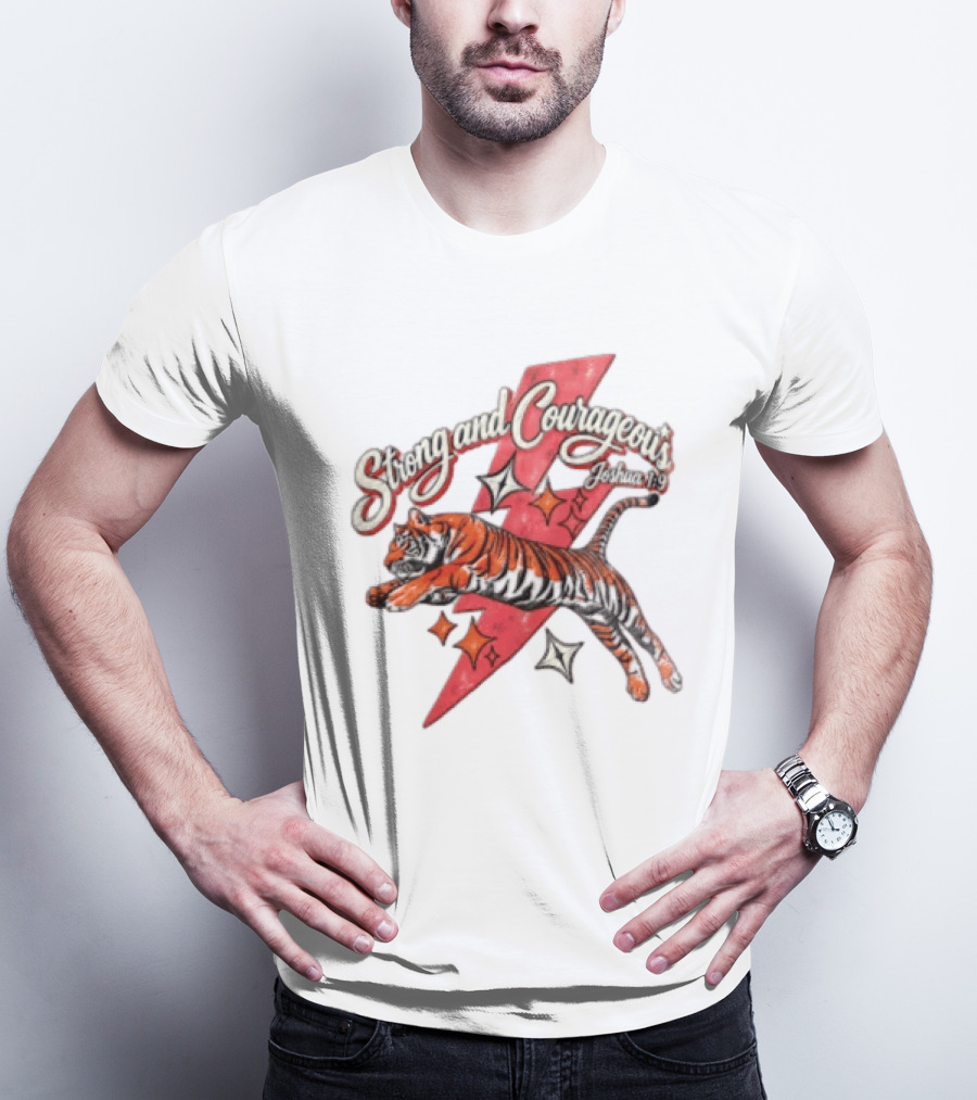 Strong And Courageous Joshua 1 9 Leaping Tiger Pink Lightning Bolt Stars T-Shirt